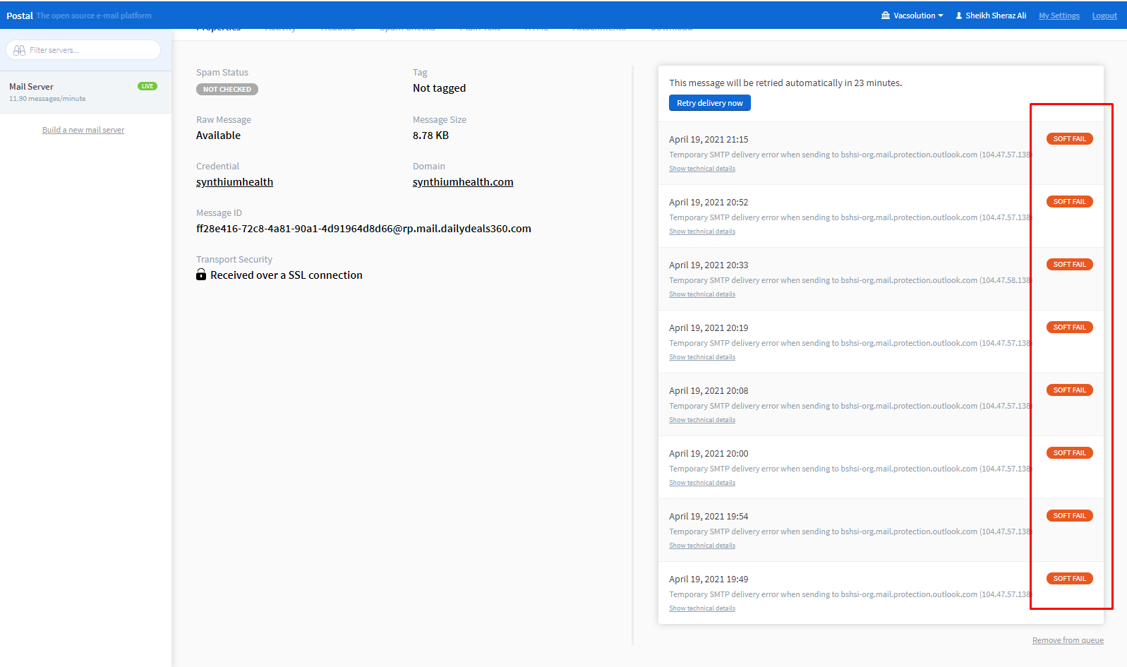 Multiple Tries made by the postal on the softfail · Issue #1348 · postalserver/postal · GitHub