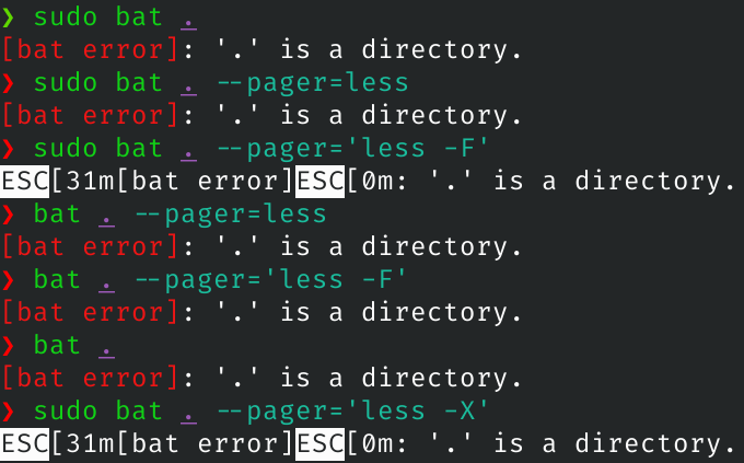 Bat displays escape codes when run with sudo and less -X or -F · Issue #1913 · sharkdp/bat · GitHub
