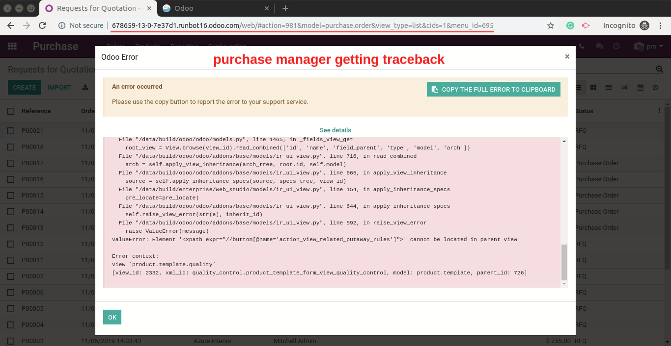 Odoo v13 : Traceback appear when open Product by Purchase Administrator ...