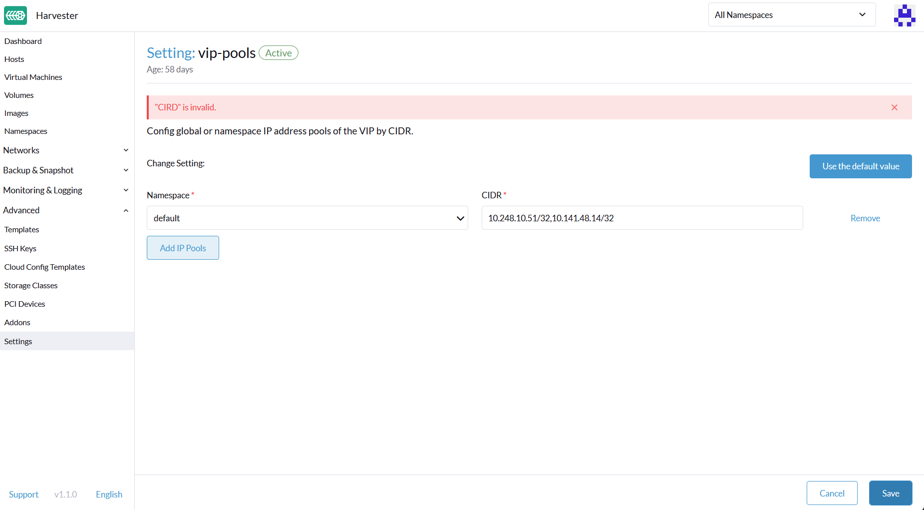 [BUG] Can not specify multiple vip pool CIRDs with comma separation ...