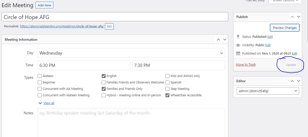 Update button is greyed out when trying to update a meeting.[Bug]: · Issue #578 · code4recovery ...