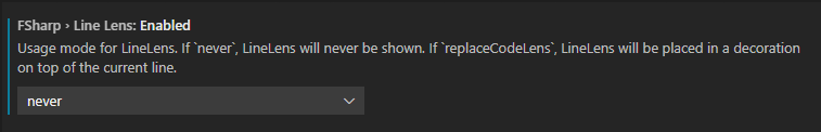 Line Lens 'never' doesn't get rid of Line lens · Issue #1648 · ionide/ionide-vscode-fsharp · GitHub