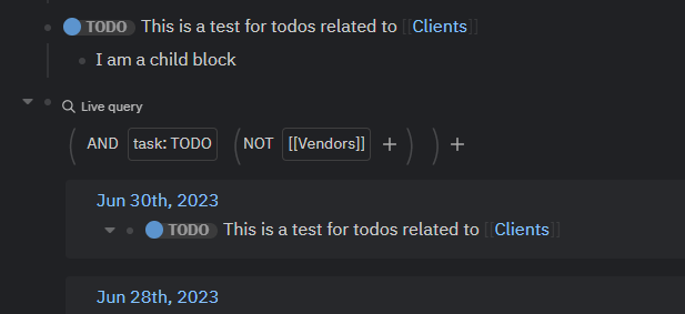 Child blocks not appearing in task query results when using NOT ...