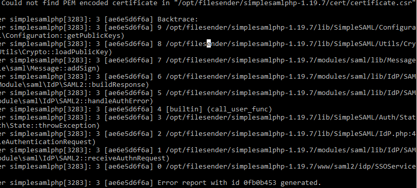 Could not find PEM encoded certificate in /opt/filesender/simplesamlphp-1.19.7/cert/certificate ...