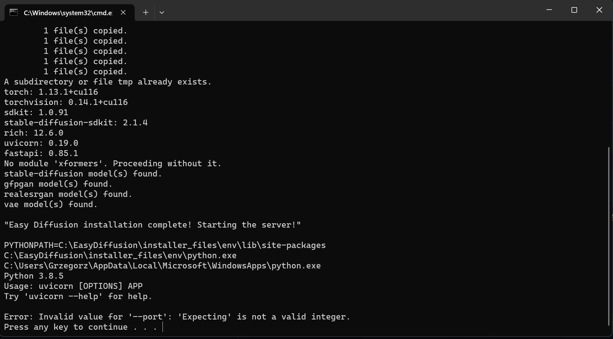 "Invalid value for '--port':" · Issue #1271 · easydiffusion/easydiffusion · GitHub