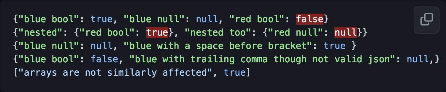 JSON boolean/null as the last value of an object marked red · Issue ...