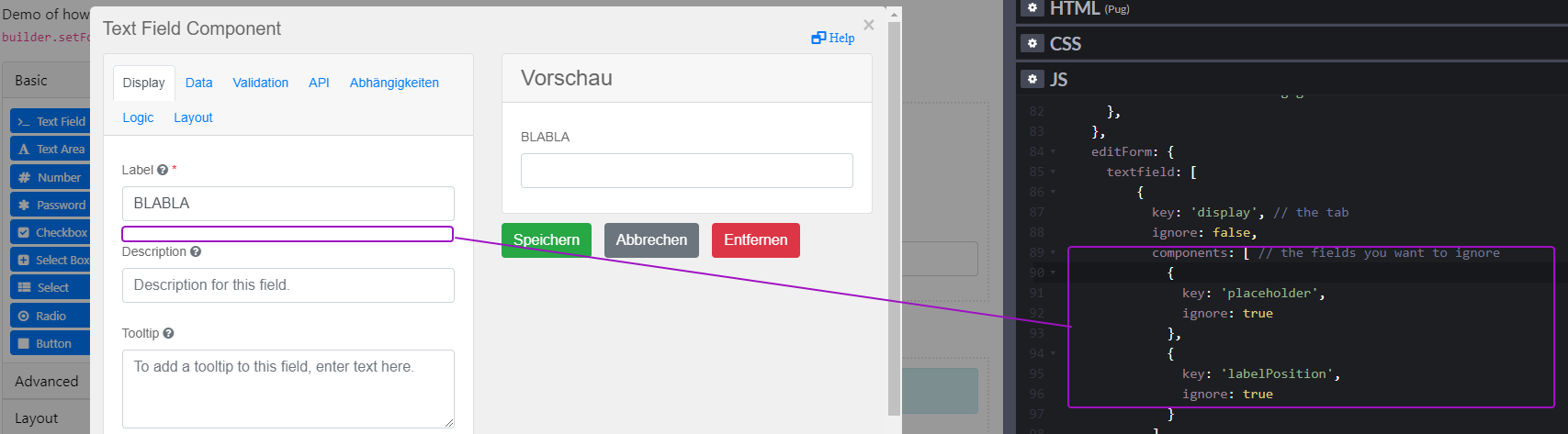 You can pass an options object to the builder component and set ignore: true on the fields you ...