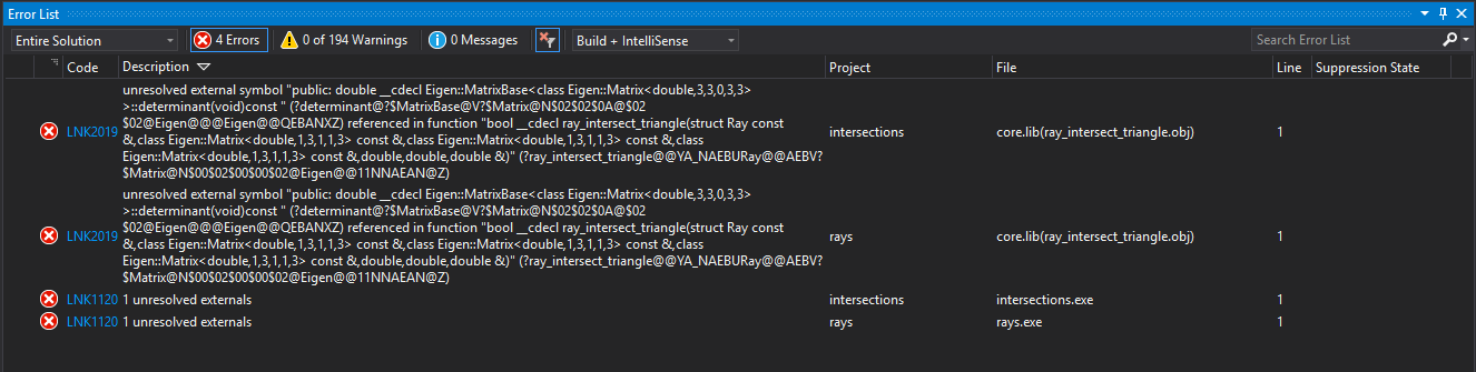 Unresolved external symbol with Eigen::Matrix3d::determinant() and Eigen::Vector3d::cross(v ...