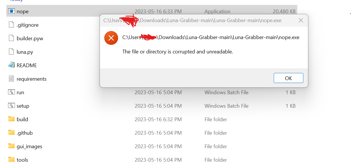 When Exe Is Run An Error Pops Up Saying That The File Is Corrupted Or Unreadable Also There 