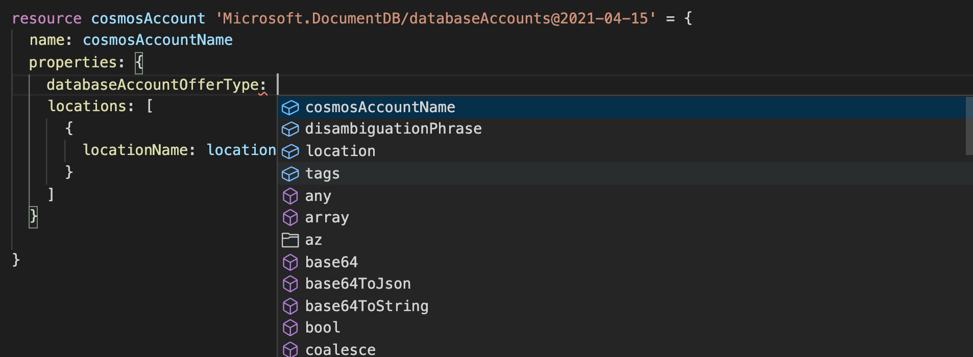 databaseAccountOfferType in Microsoft.DocumentDB/databaseAccounts@2021-04-15 is an enum, but ...