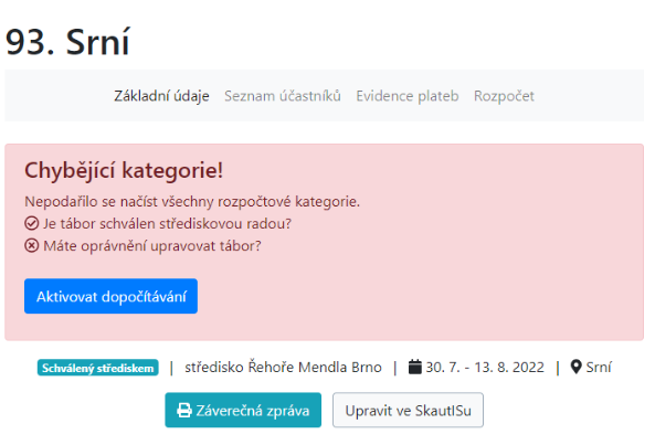 chybová hláška - tábor - načtení akce ze skautISu (před začátkem tábora) · Issue #2216 · skaut ...