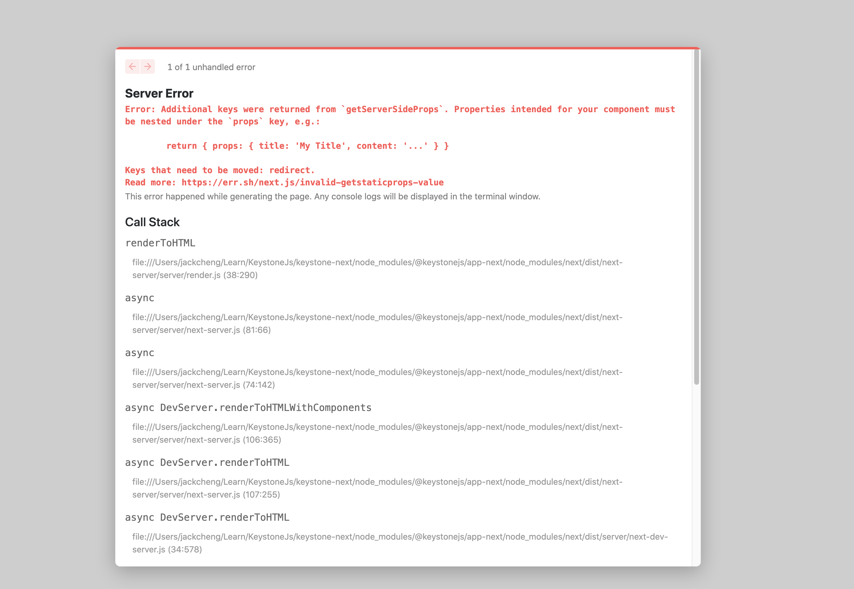 Returning Redirect In Getserversideprops Return Additional Key Error · Vercel Nextjs 