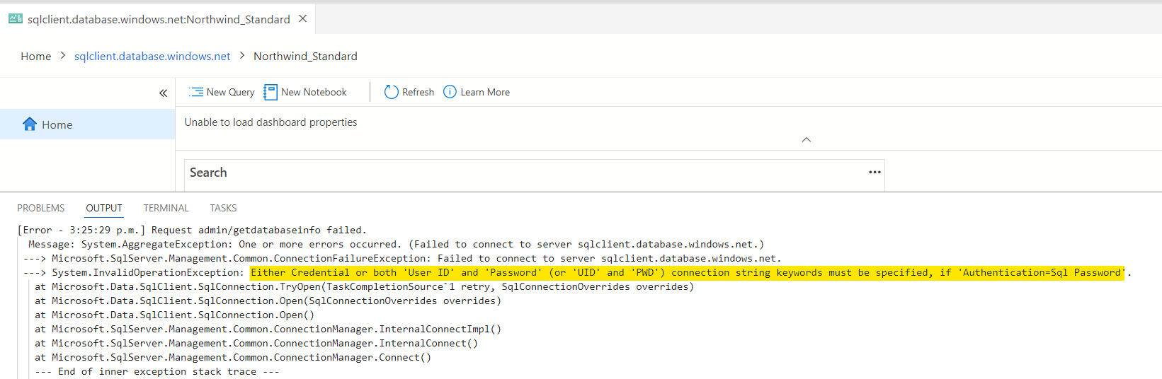 Dashboard > Database properties could not be loaded (intermittently) · Issue #22620 · microsoft ...