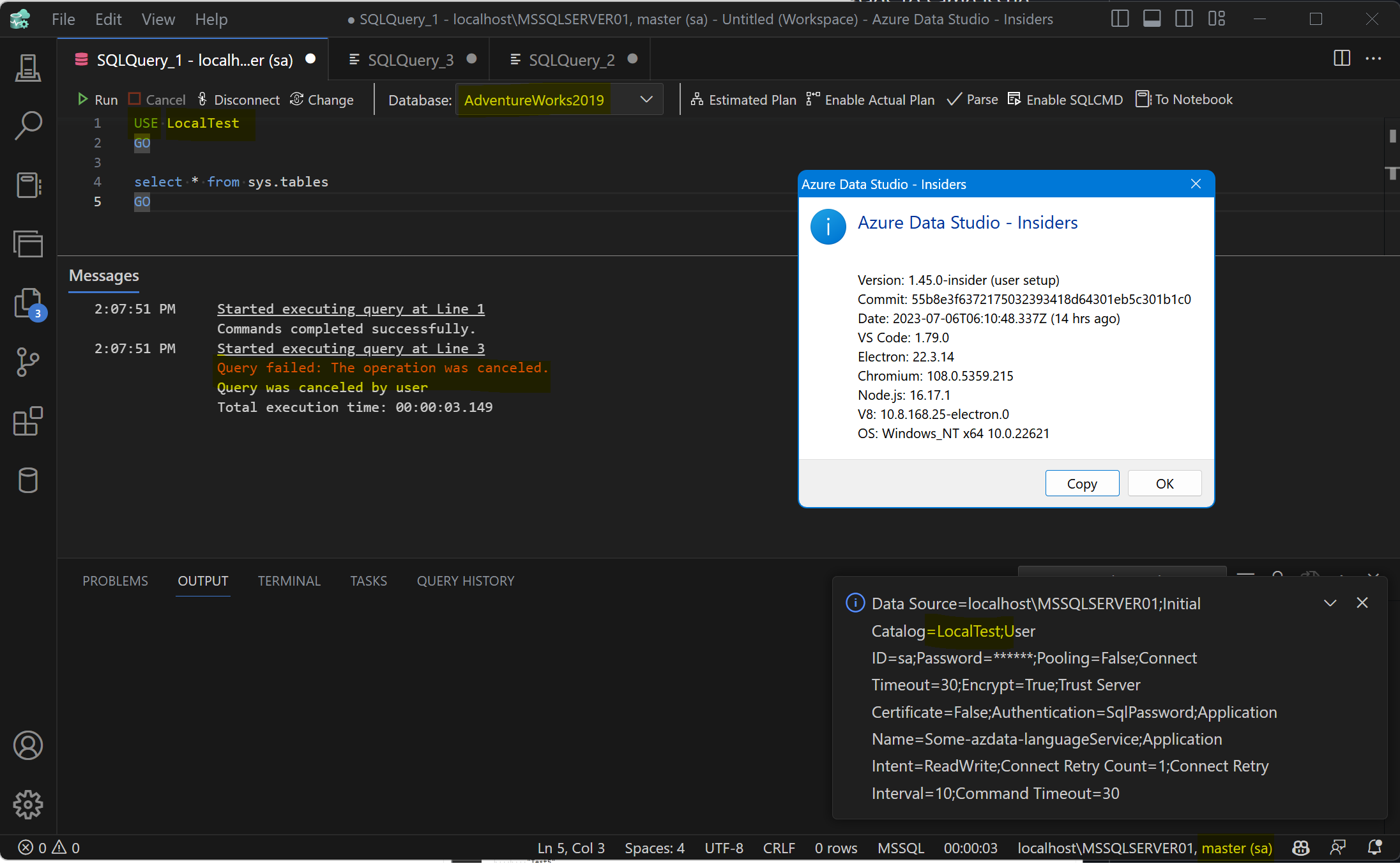 Post Merge > running USE database statement in query editor doesn't change the database context ...