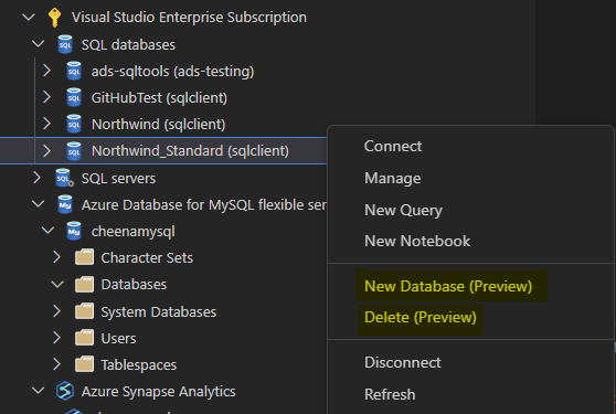 New Database And Delete Menu Options Show Up On Azure Sql Db Node 4209