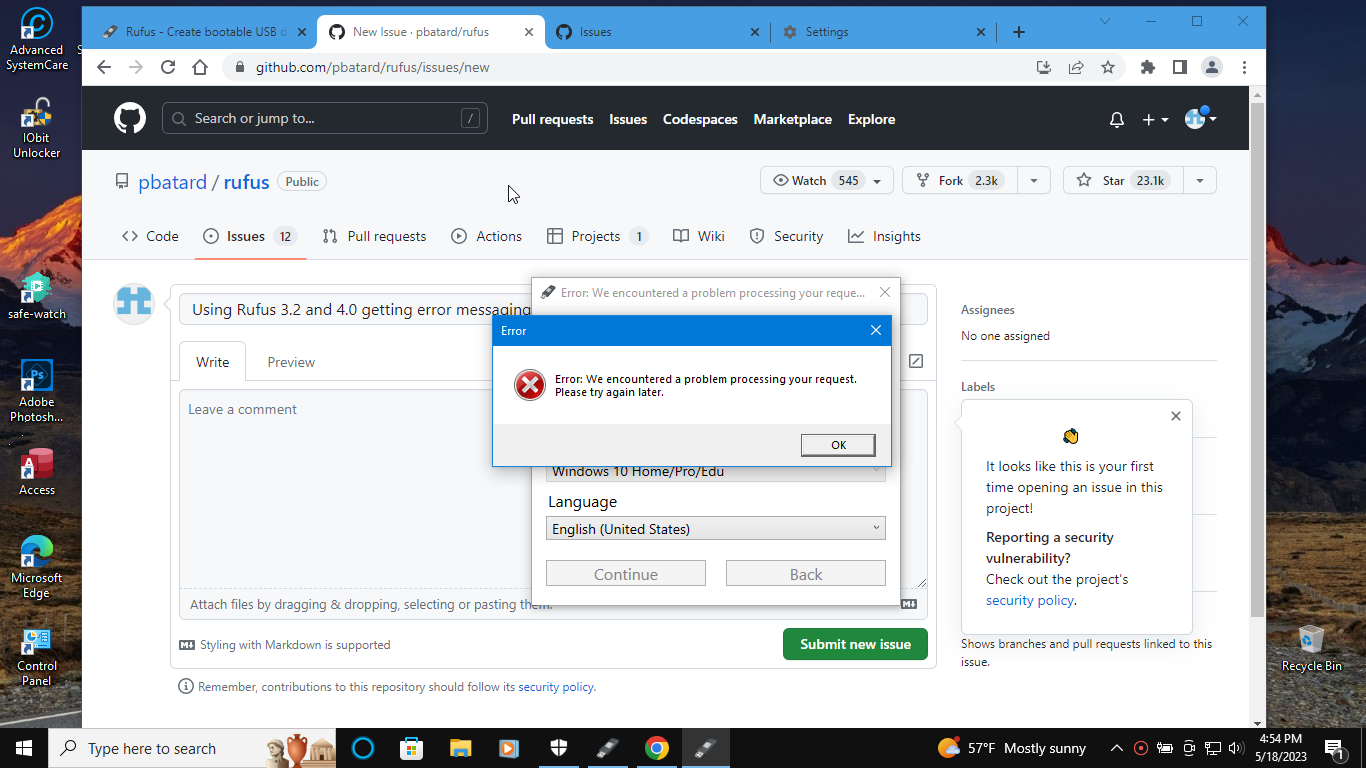 Using Rufus 3.2 and 4.0 getting error messaging to try again later · Issue #2251 · pbatard/rufus ...