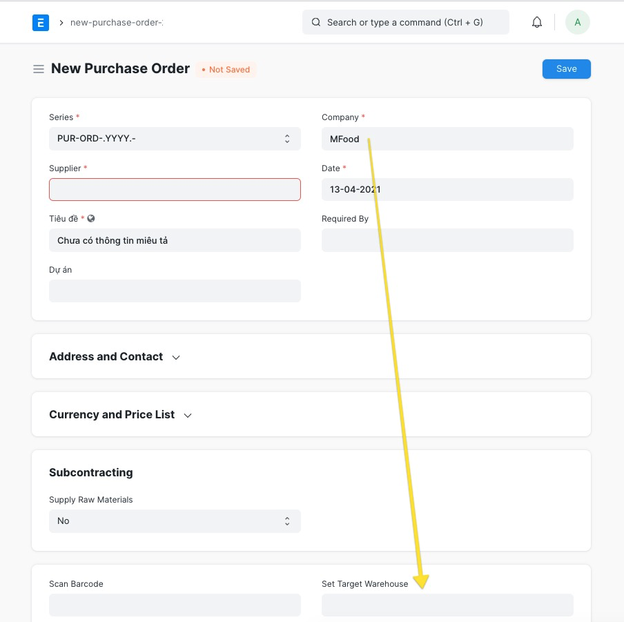 Purchase Order - Set Target Warehouse don't find the company which ...