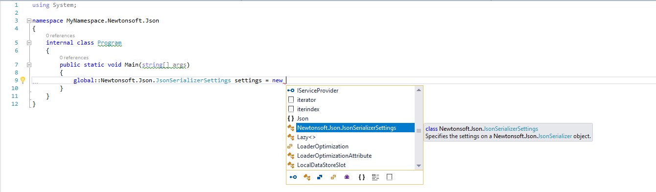 Incorrect suggestion in the Visual Studio for object creation by global namespace · Issue #28258 ...