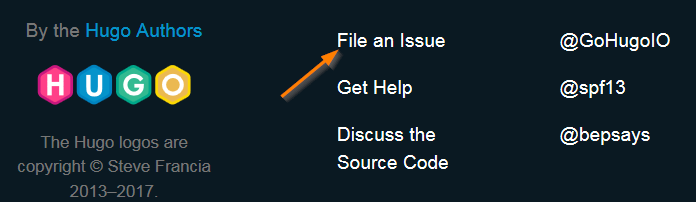 'File an issue' link broken · Issue #117 · gohugoio/hugoDocs · GitHub