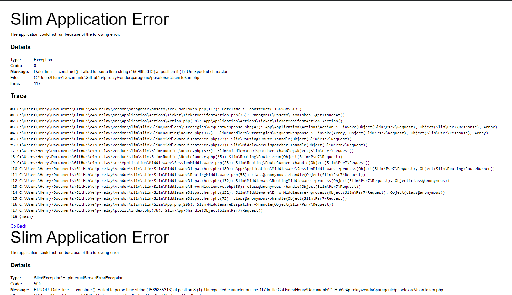 Multiple exceptions result in invalid JSON · Issue #132 · slimphp/Slim-Skeleton · GitHub