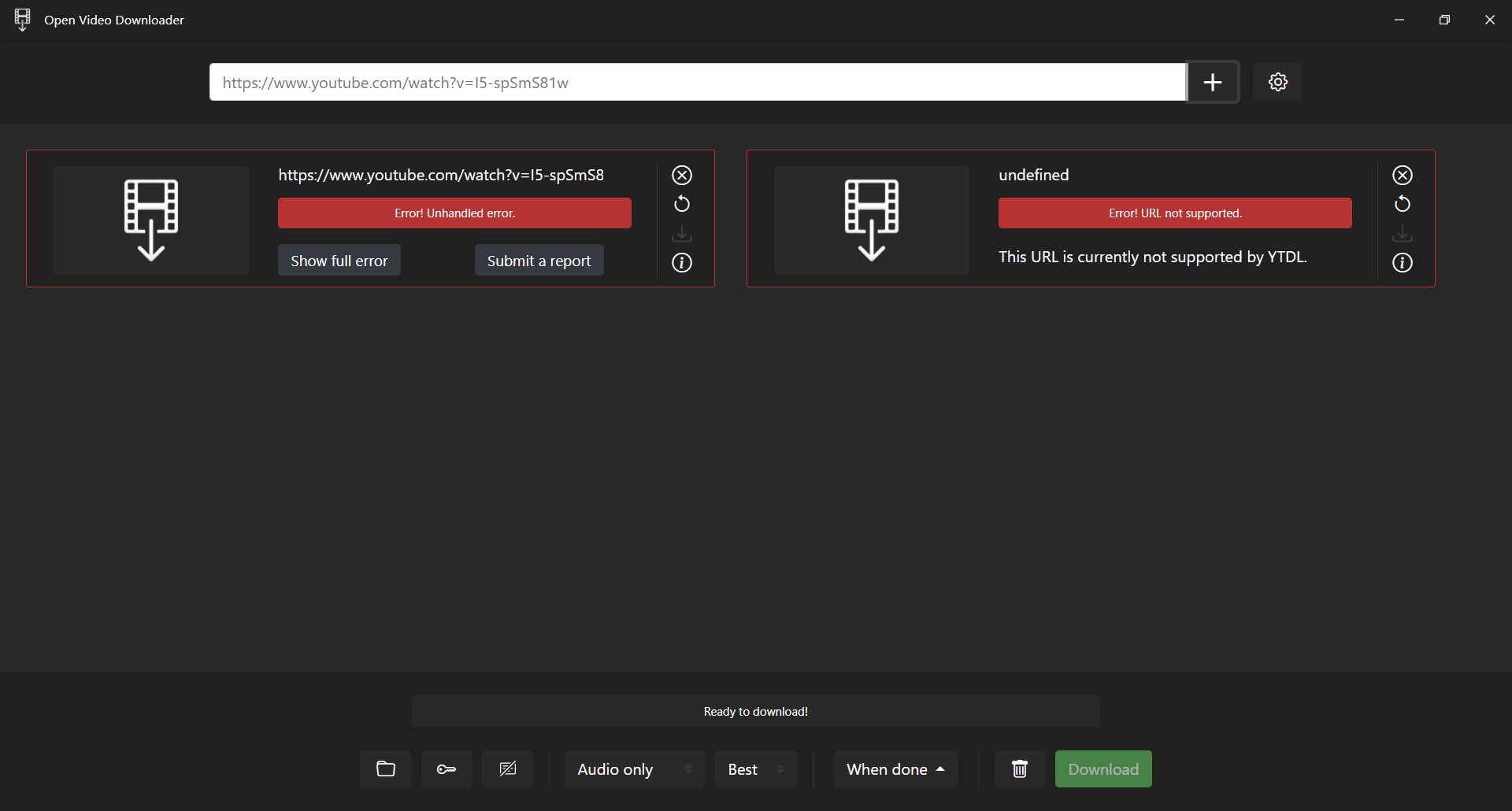 The Microsoft App keeps coming up with the Errors: This URL is currently not supported by YTDL ...
