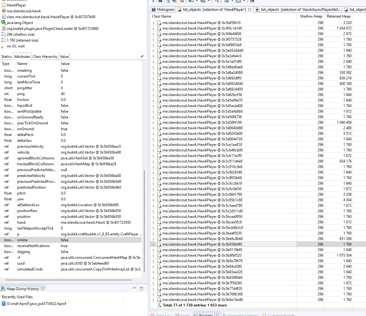 Memory leak of HawkPlayer · Issue #64 · HawkAnticheat/Hawk · GitHub