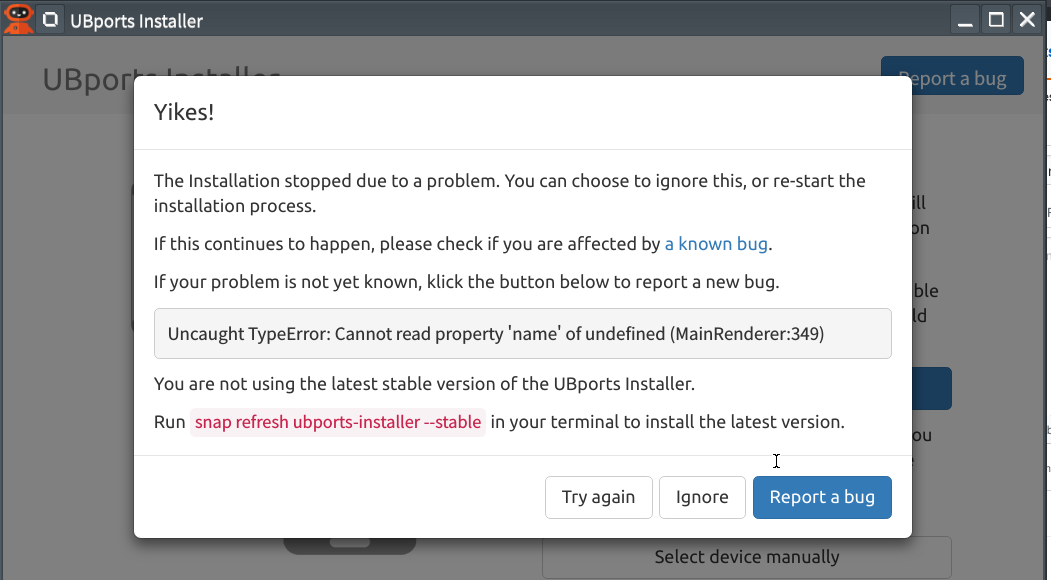 "You are not using the latest stable version of the UBports installer ...