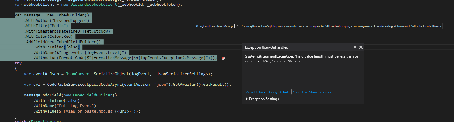 Logging To Discord With An Exception Message Longer Than Embeds Allow Results In Crash · Issue