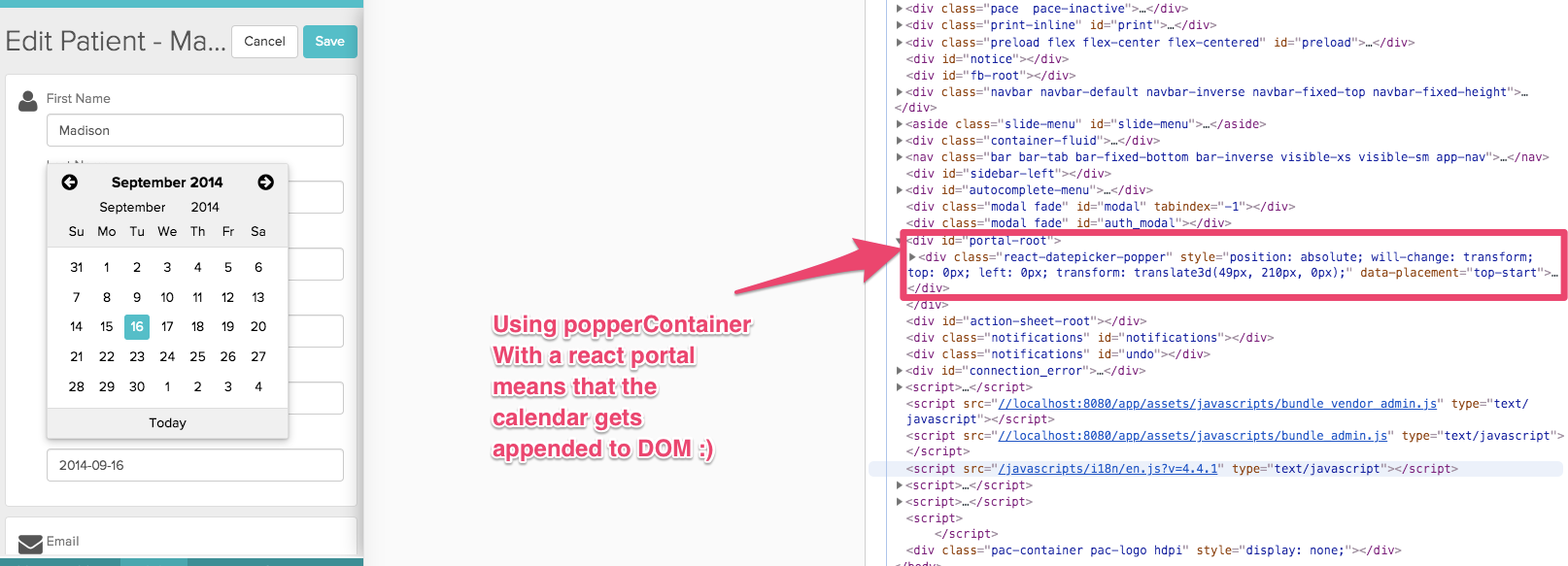 withPortal is not a true React Portal, and setting it ignores popperContainer · Issue #1813 ...