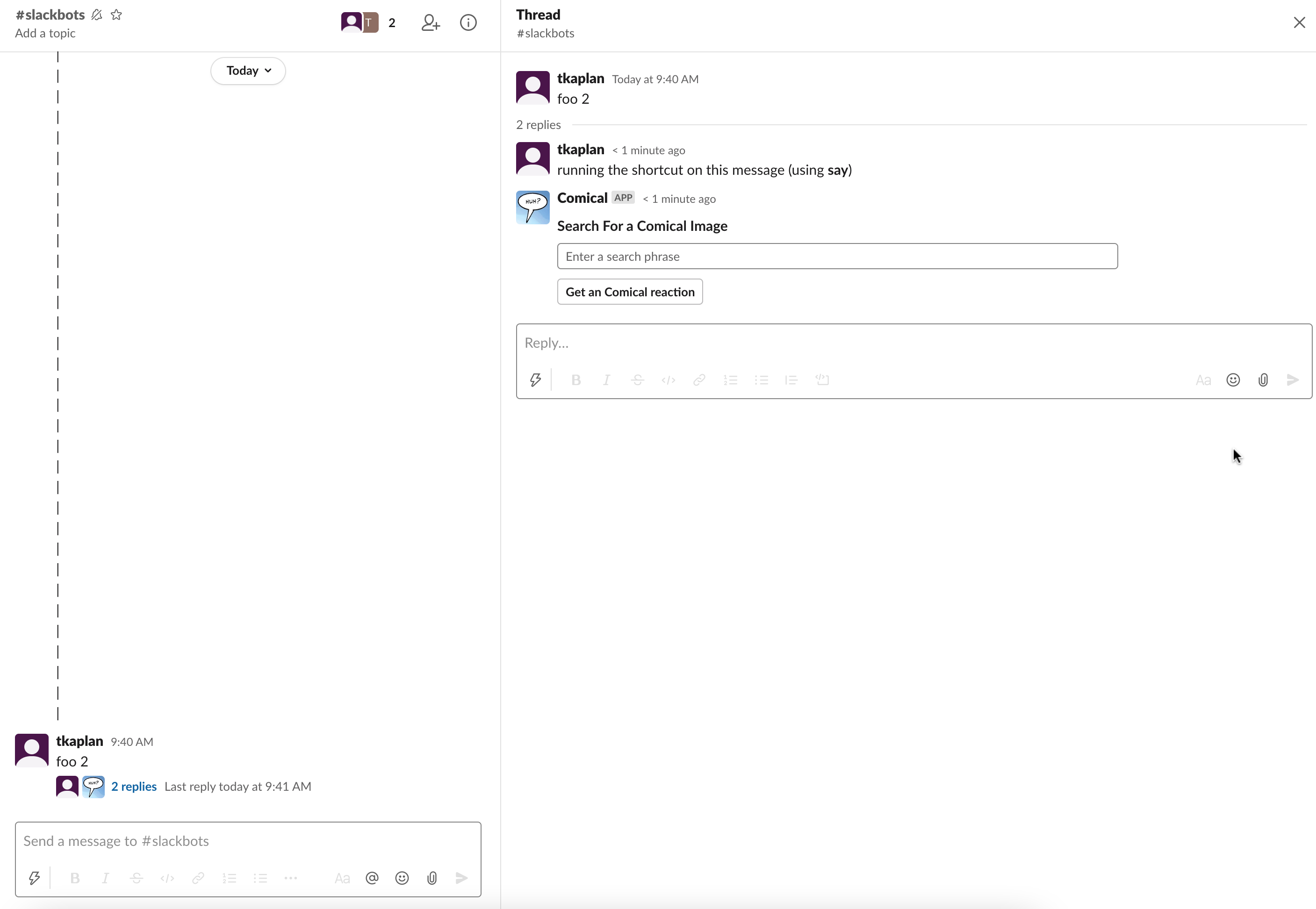 Send response to user in the same thread where message is sent by user (using respond function ...