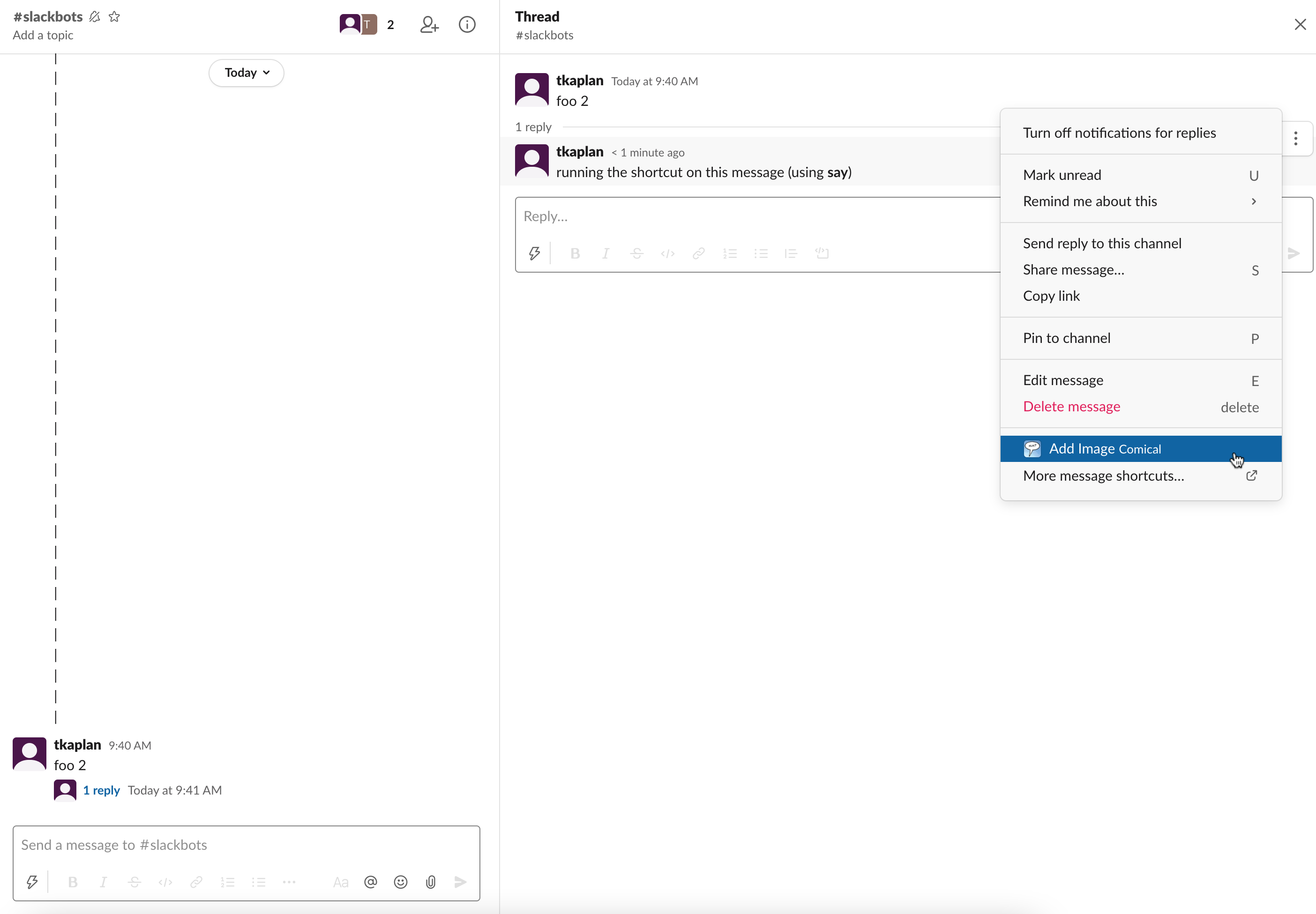 Send response to user in the same thread where message is sent by user (using respond function ...
