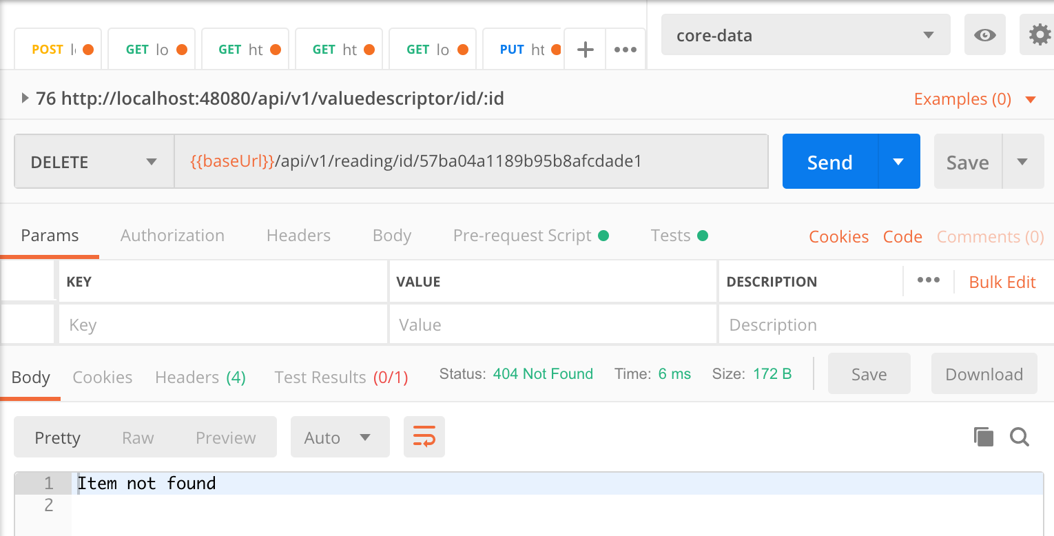 When sending delete command with an inexistent id to /reading/id/{id} of Core Data API, 404 ...