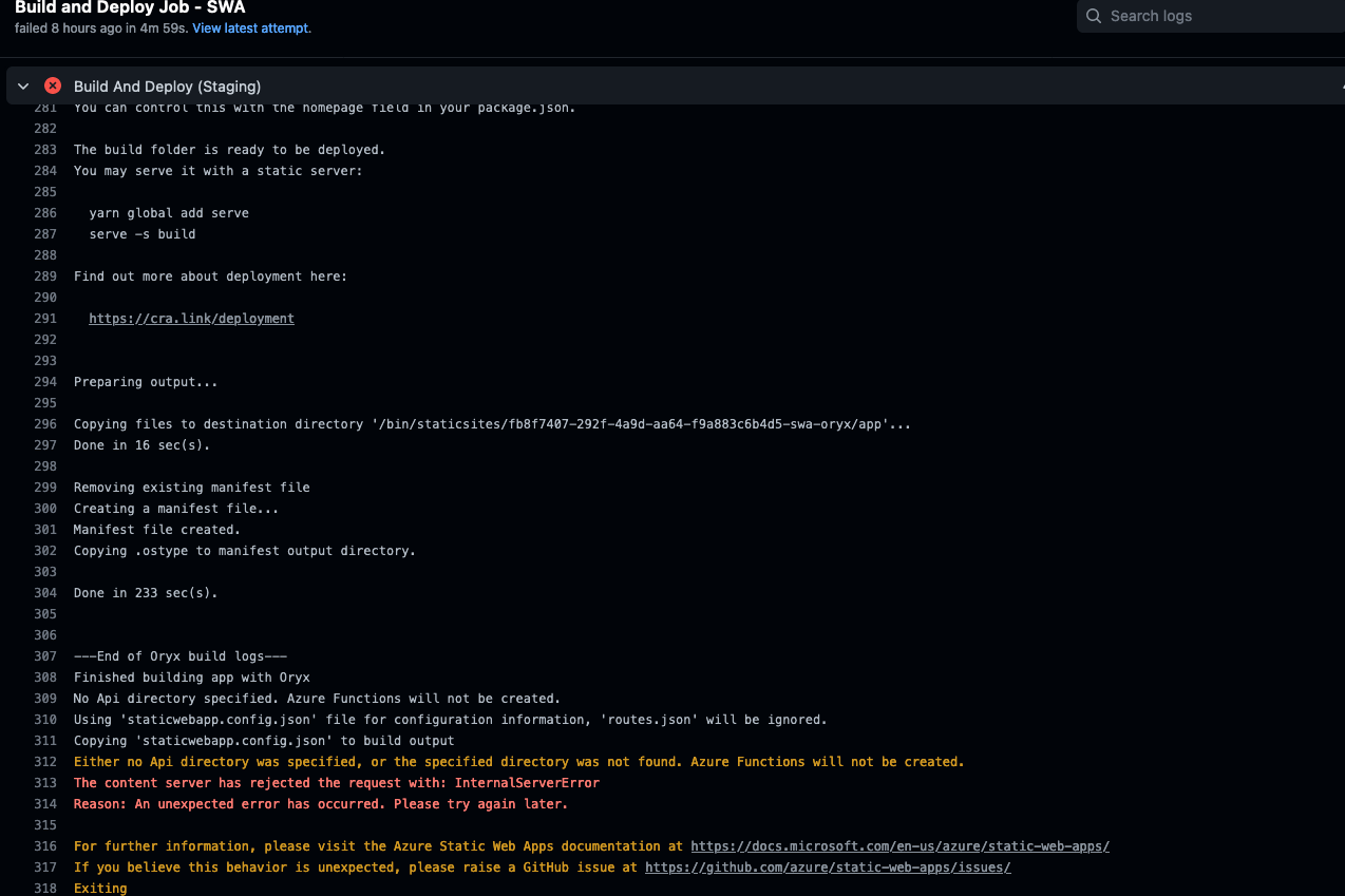 Internal Server Error When Deploying Static Web App Without An Api · Issue 1047 · Azure Static