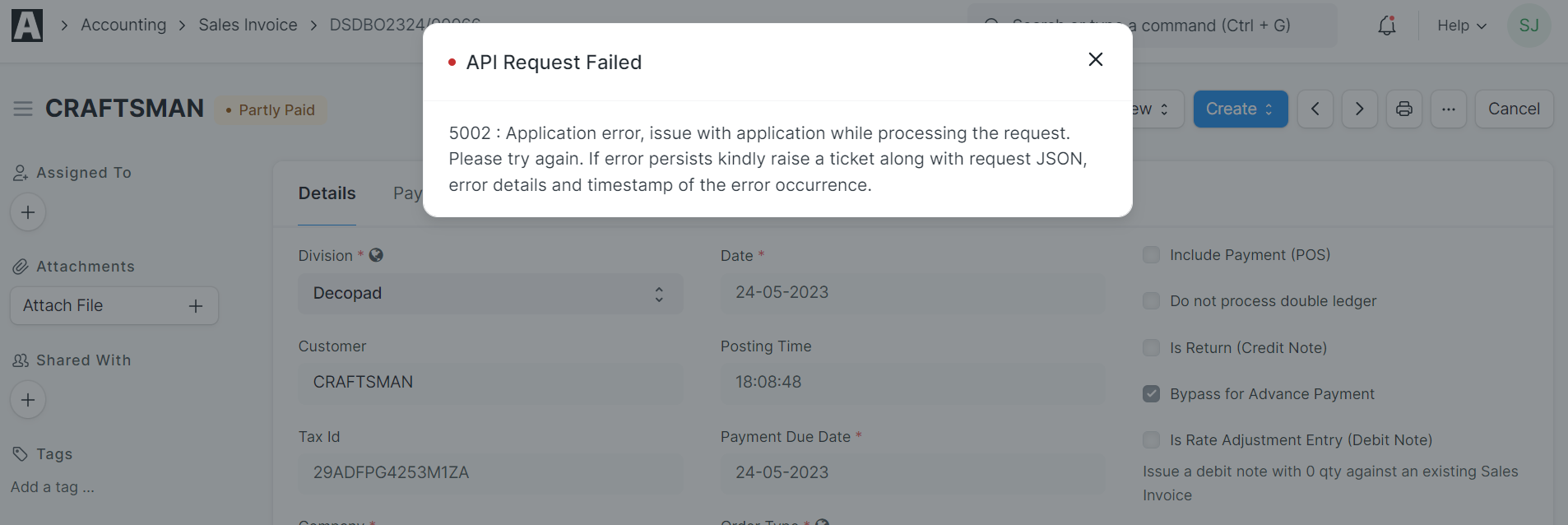 5002 : Application error, issue with application while processing the request. · Issue #711 ...