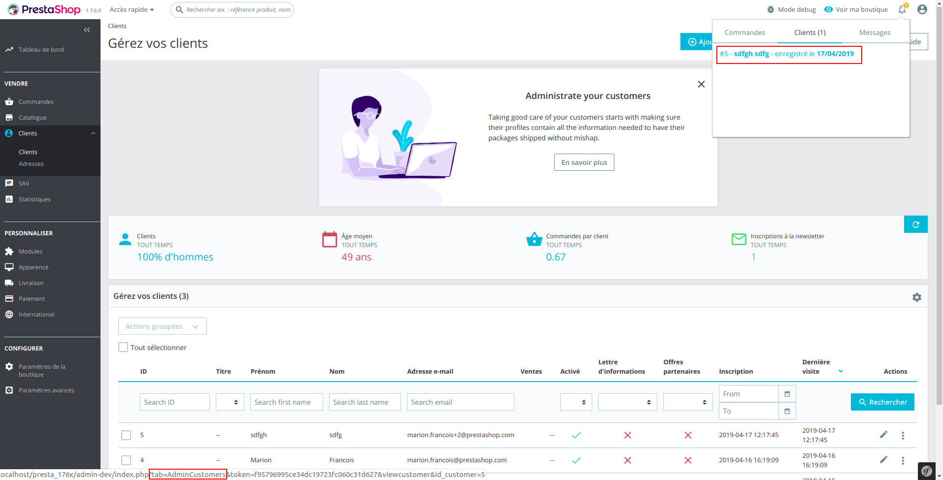 Old admincustomer URL in notifications · Issue #13450 · PrestaShop/PrestaShop · GitHub