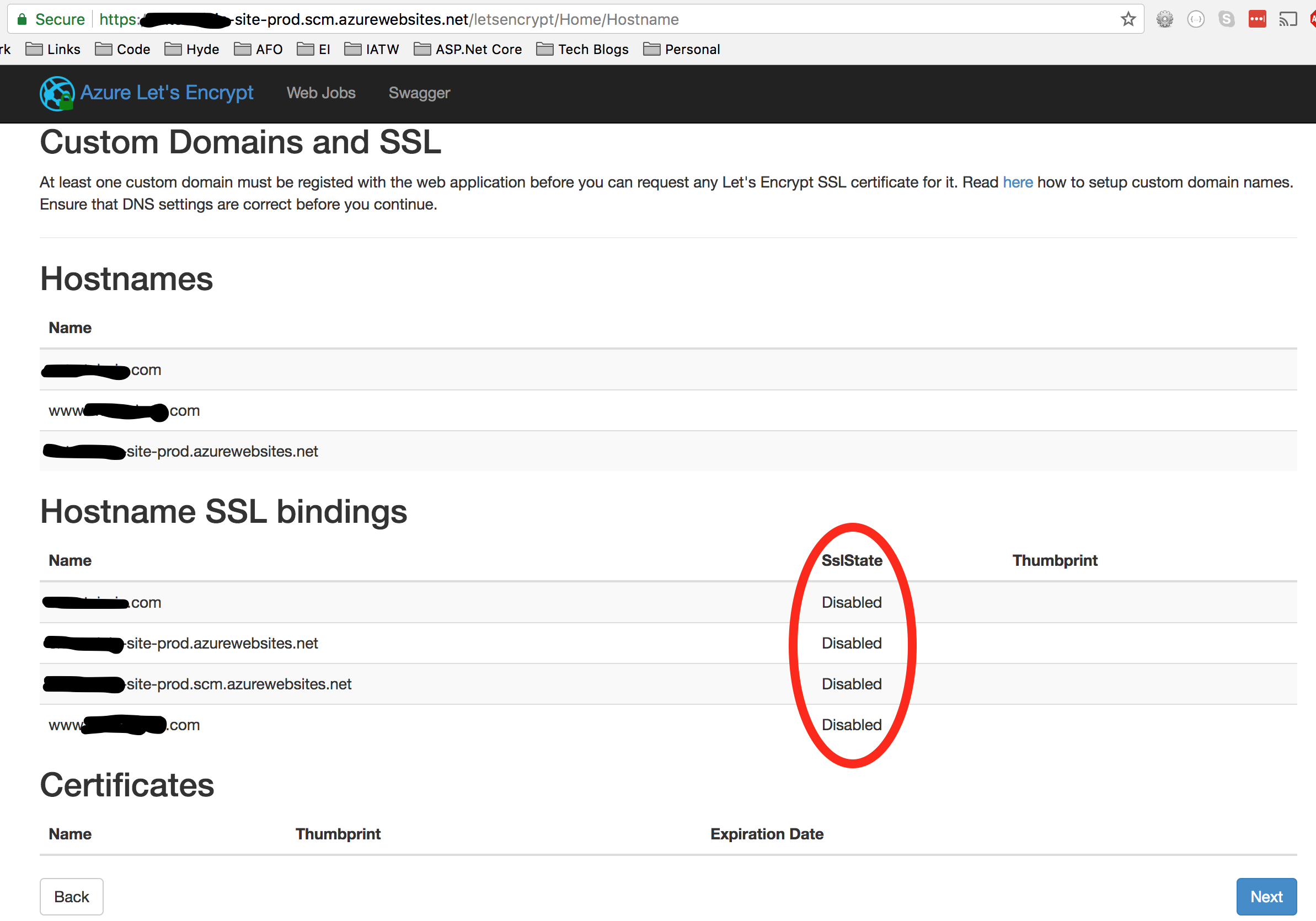 Clicking "Request and Install Certificate" Displays Server Error Page with "An existing ...