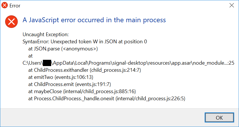 Javascript error in main process "Unexpected token W in JSON" · Issue #1879 · signalapp/Signal ...