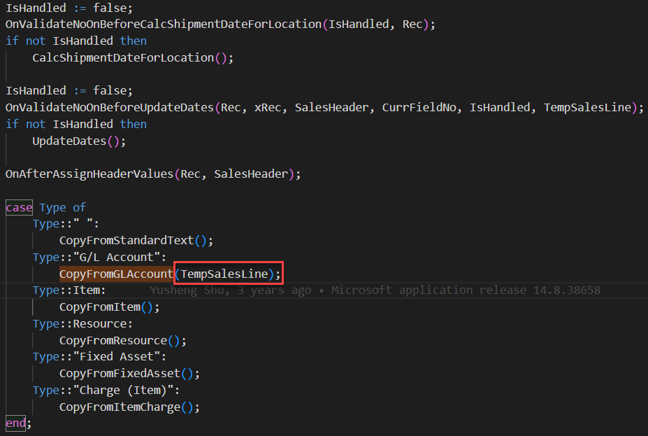 Event Request Passing Tempsalesline Into Copyfromglaccount Procedure And