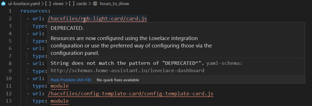 Deprecated warning for resources in ui-lovelace.yaml but they are not ...