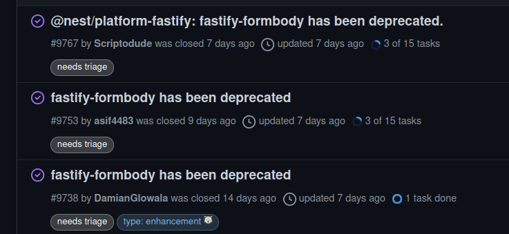 fastify-formbody has been deprecated · Issue #9813 · nestjs/nest · GitHub