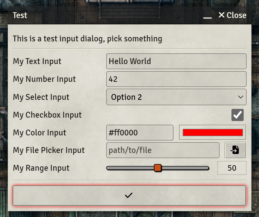 Implement a `Dialog.input` static method · Issue #9894 · foundryvtt/foundryvtt · GitHub