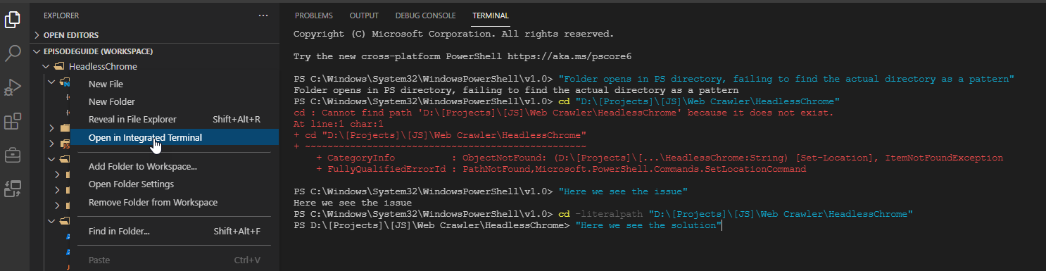 Default PowerShell Terminal settings on Windows break certain paths ...