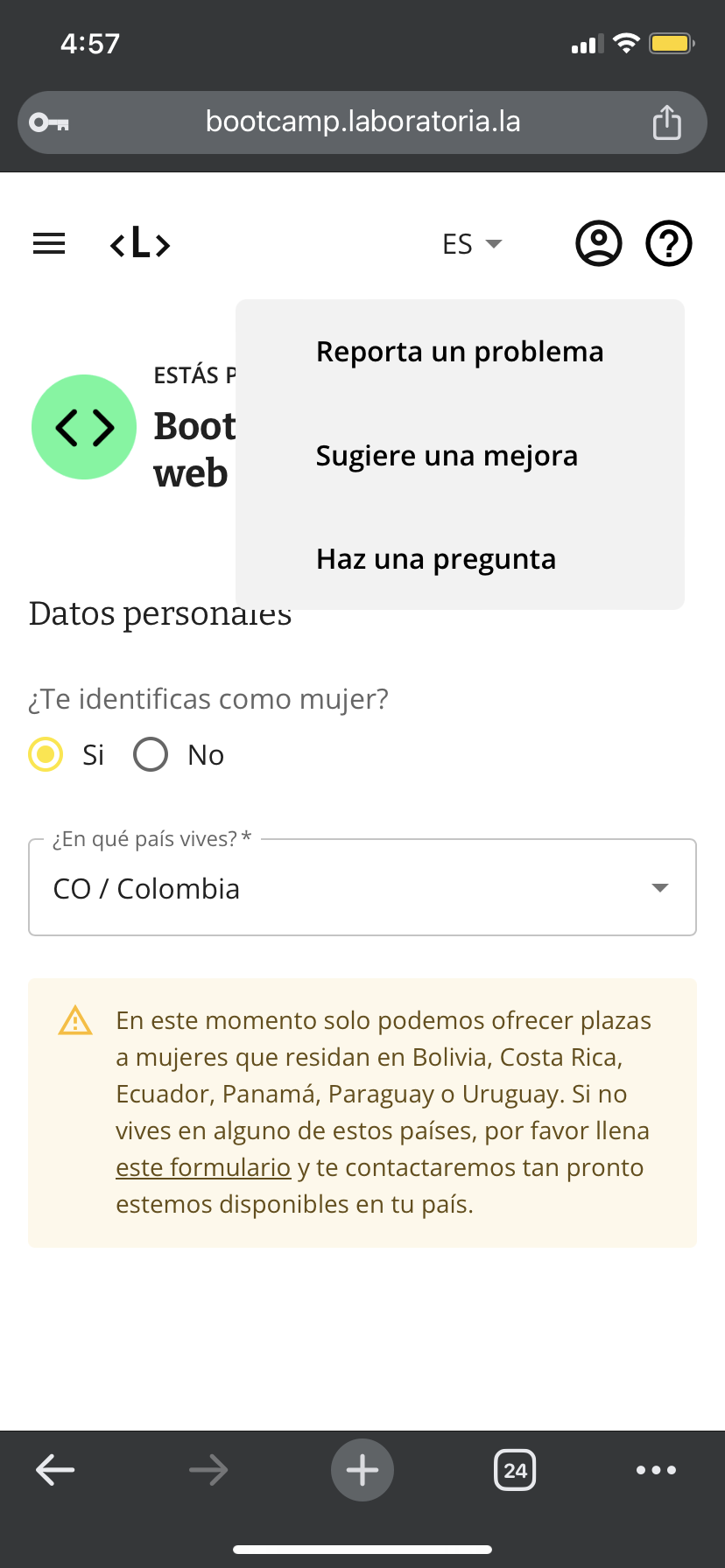 [Bug] Problema de postulación a Desarrollo Web en Colombia · Issue #103 · Laboratoria/tech ...