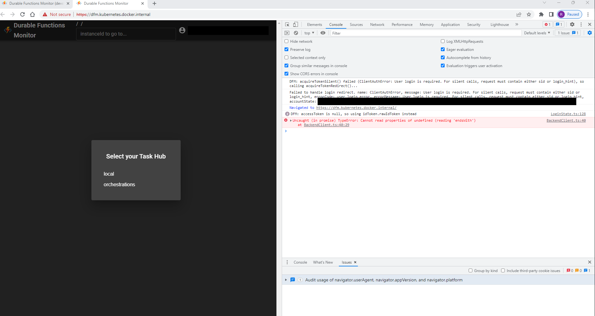 Standalone, client-directed auth: failing to navigate to an orchestration details page · Issue ...