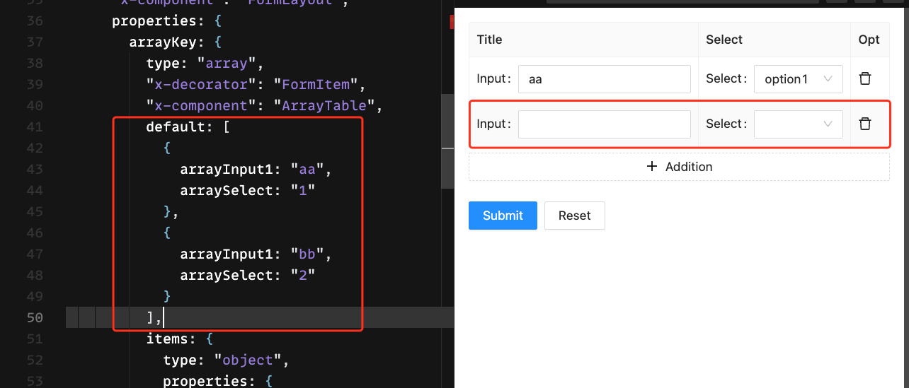 [Bug Report] ArrayTable remove其中一项之后，调用form.reset 之后初始值不正常 · Issue #3322 · alibaba/formily · GitHub