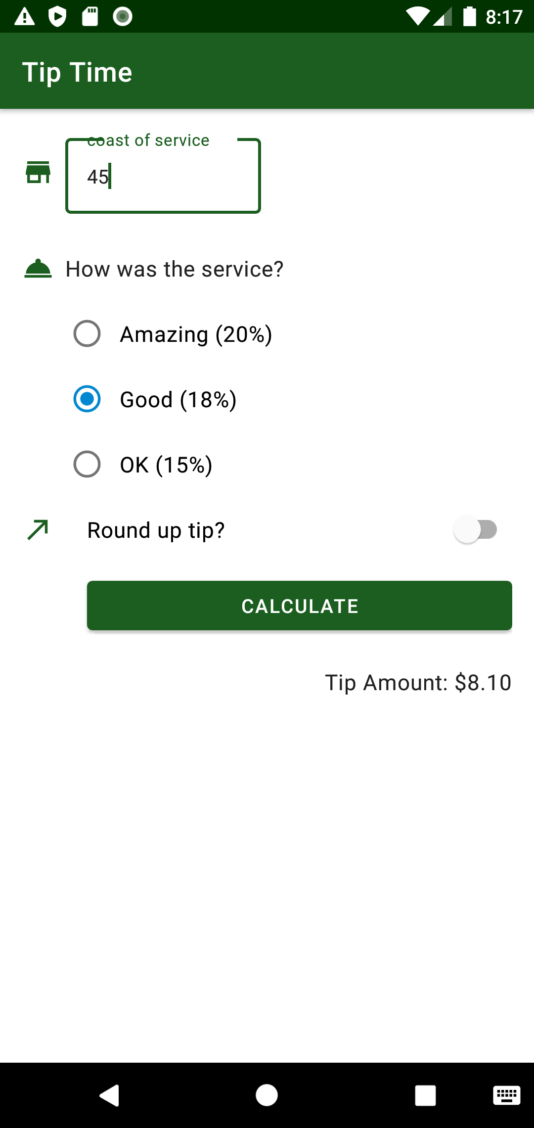 GitHub - AzizaHelmy/TipTime: Android app to calculate Tip based of type of service