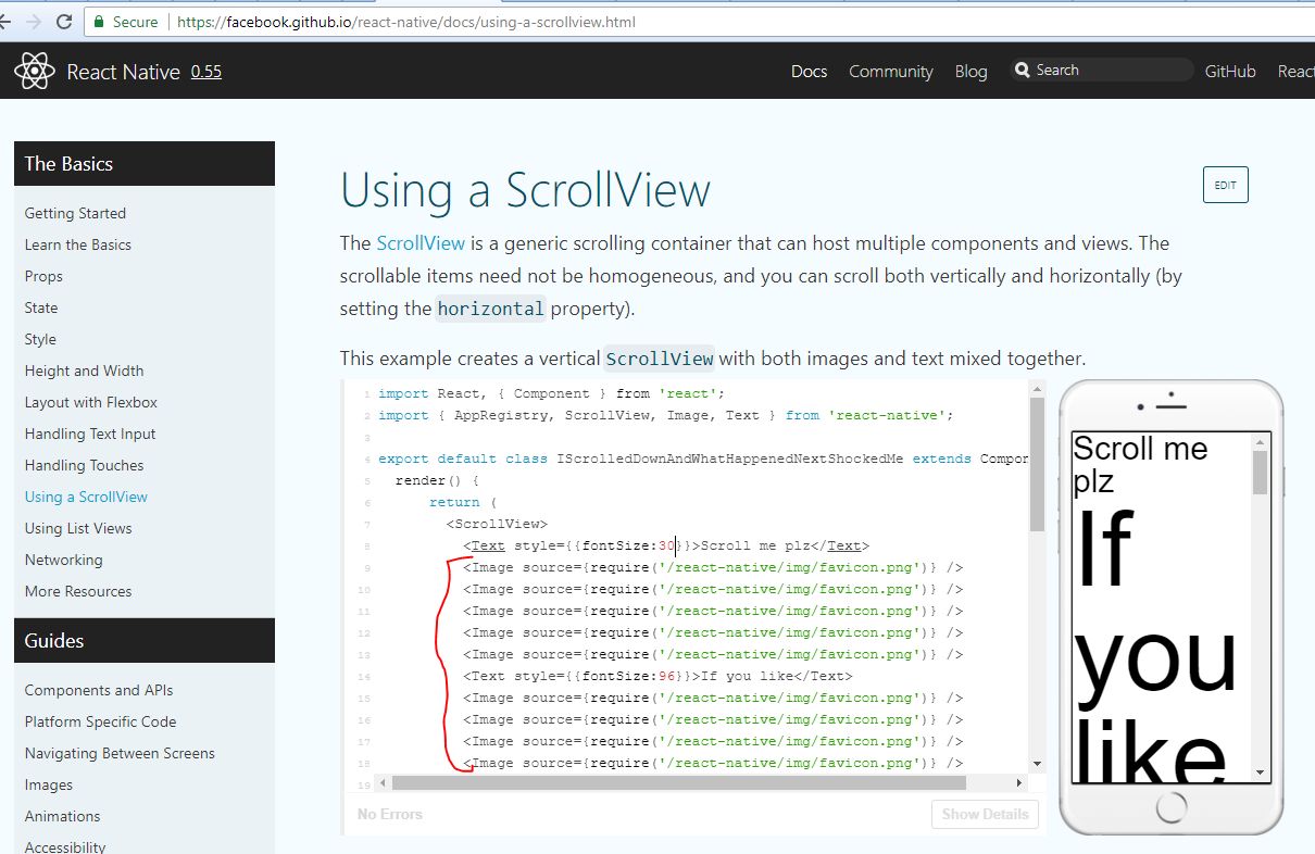 Mobile display screen on the React-Native tutorial site doesn't display ...