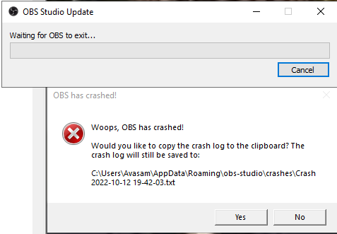 Crash when launching the autoupdater. Prevents OBS from closing and updater from starting ...