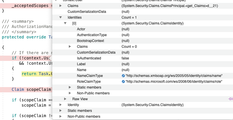User is not authenticated in AuthorizationHandlerContext of HandleRequirementAsync method in ...