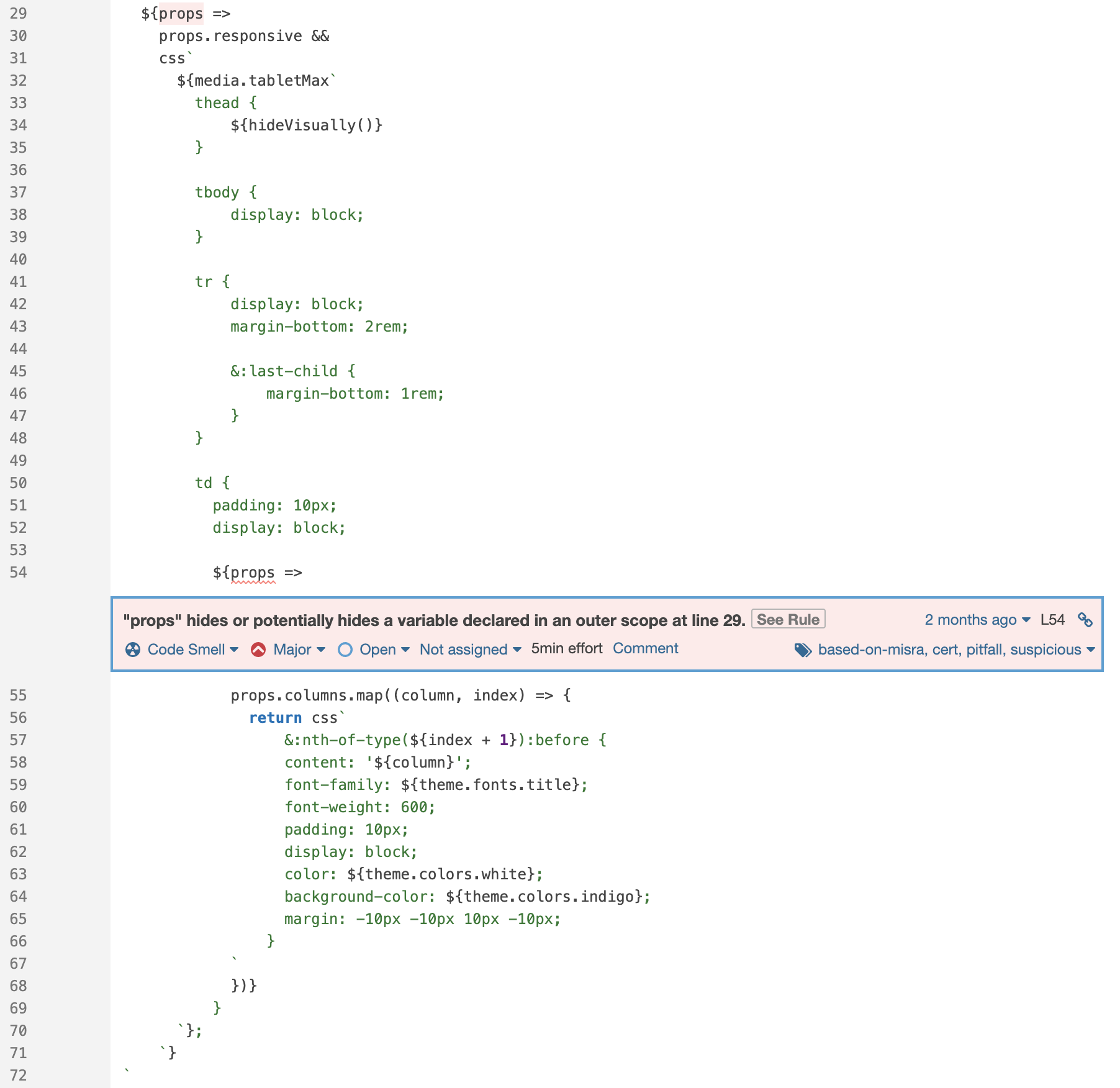 [SonarCloud] "props" hides or potentially hides a variable declared in ...